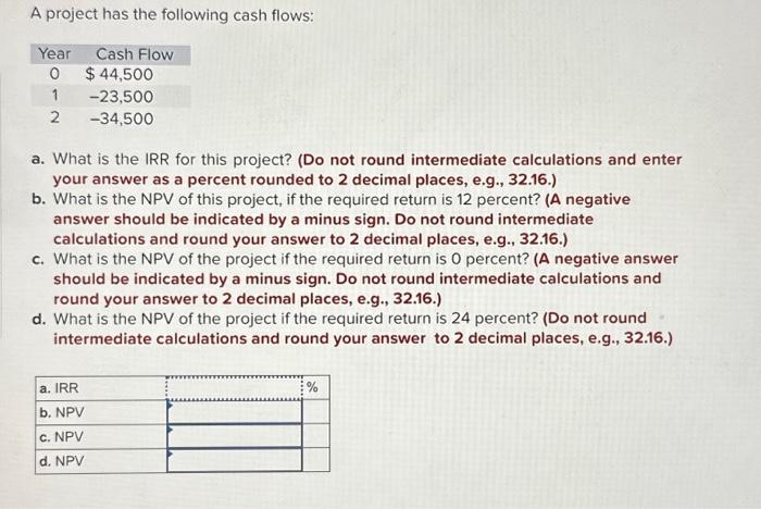 Solved A project has the following cash flows: a. What is | Chegg.com