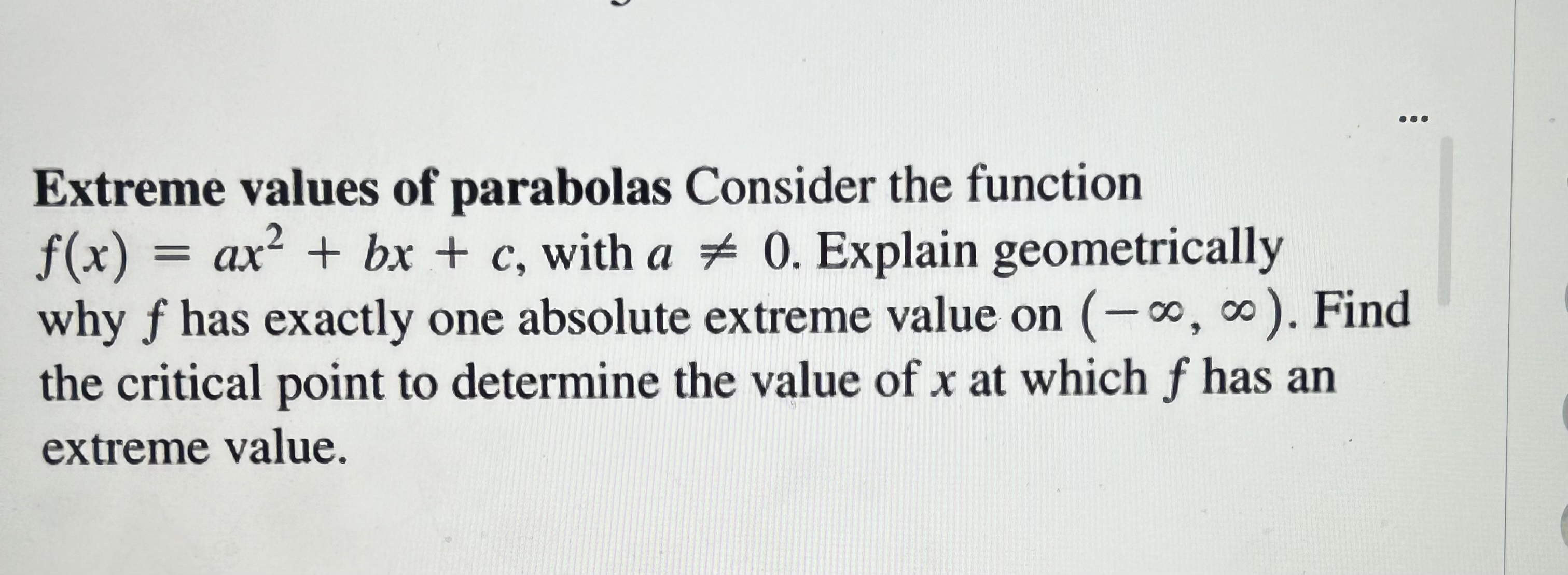 Solved Extreme values of parabolas Consider the function | Chegg.com