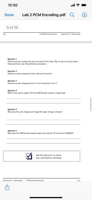 12:49 ج 11 Done Lab 2 PCM Encoding.pdf Q 2 of 16 | Chegg.com