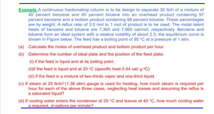 Solved Example A continuous fractionating column is to be | Chegg.com