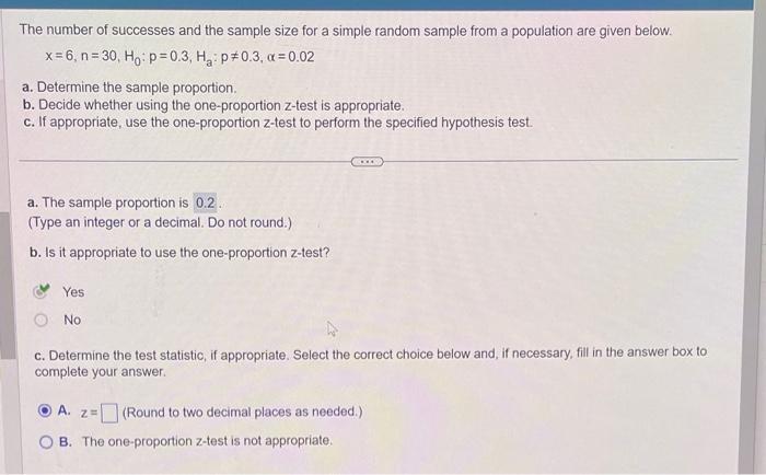 Solved The number of successes and the sample size for a | Chegg.com