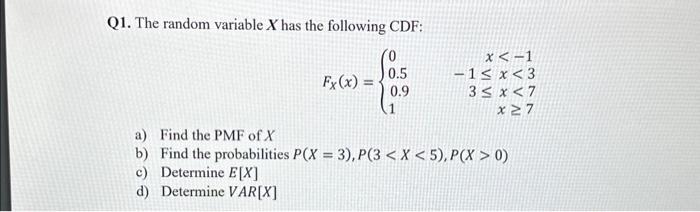 Solved Q1. The random variable X has the following CDF: | Chegg.com
