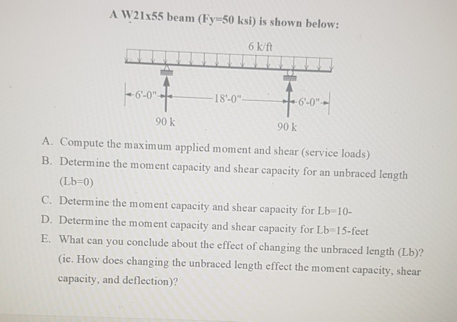 Solved A W21x55 beam (Fy=50 ksi) is shown below: 6 kft | Chegg.com