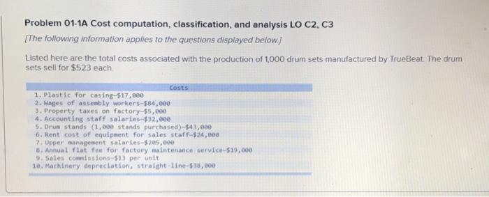 Solved Problem 01-1A Cost computation, classification, and | Chegg.com
