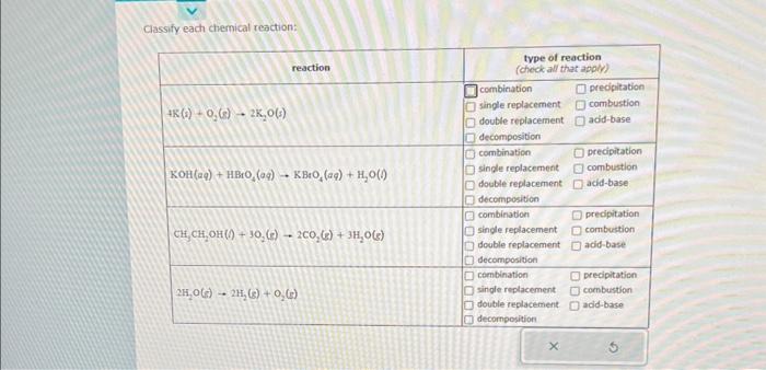 Solved Classify each chemical reaction: | Chegg.com Solved Classify each chemical reaction: | Chegg.com