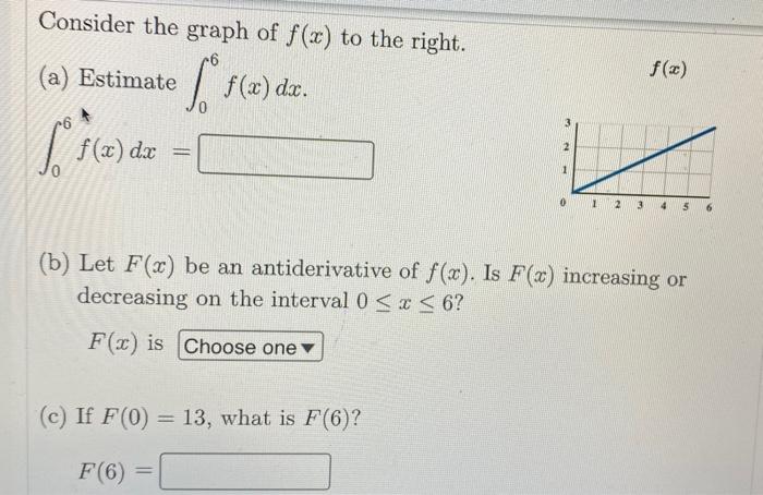 Solved (a) Estimate ∫06f(x)dx ∫06f(x)dx= (b) Let F(x) be an | Chegg.com