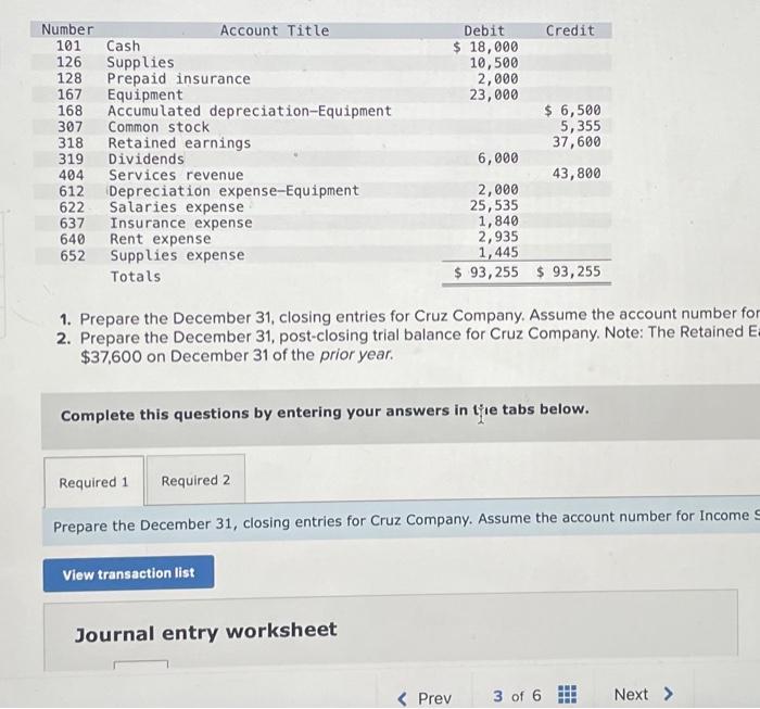 Solved 1. Prepare the December 31 , closing entries for Cruz | Chegg.com
