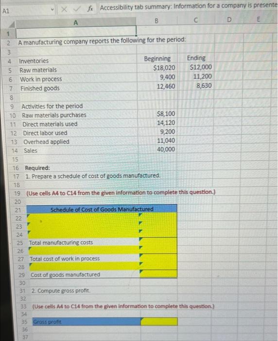 Solved A1 X x Accessibility tab summary: Information for a | Chegg.com