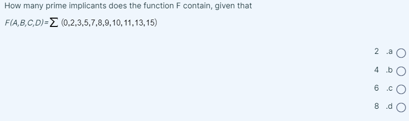 Solved How many prime implicants does the function F | Chegg.com