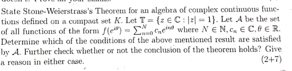 Solved State Stone-Weierstrass's Theorem for an algebra of | Chegg.com