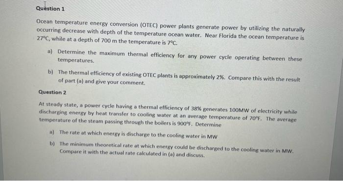 Solved Ocean temperature energy conversion (OTEC) power | Chegg.com