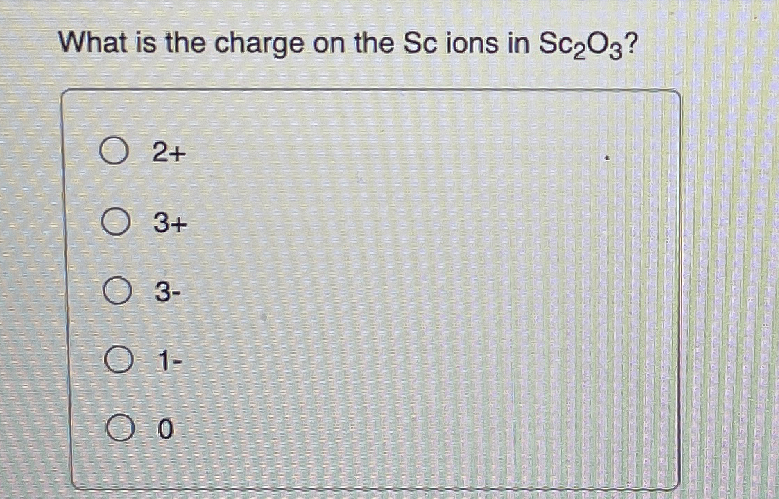 Solved What is the charge on the Sc ions in Sc2O3 ?2+3+3-1-0 | Chegg.com
