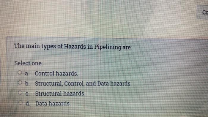 Solved ce The main types of Hazards in Pipelining are: | Chegg.com