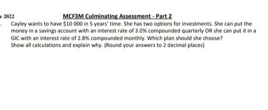 Solved June 2022 MCF3M Culminating Assessment - Part 2 9. In | Chegg.com