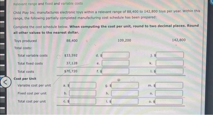 Solved Relevant range and fixed and variable costs Child | Chegg.com