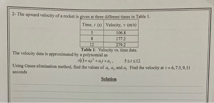 Solved 2- The upward velocity of a rocket is given at three | Chegg.com