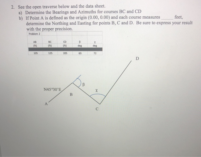 Solved 2. See the open traverse below and the data sheet. a) | Chegg.com