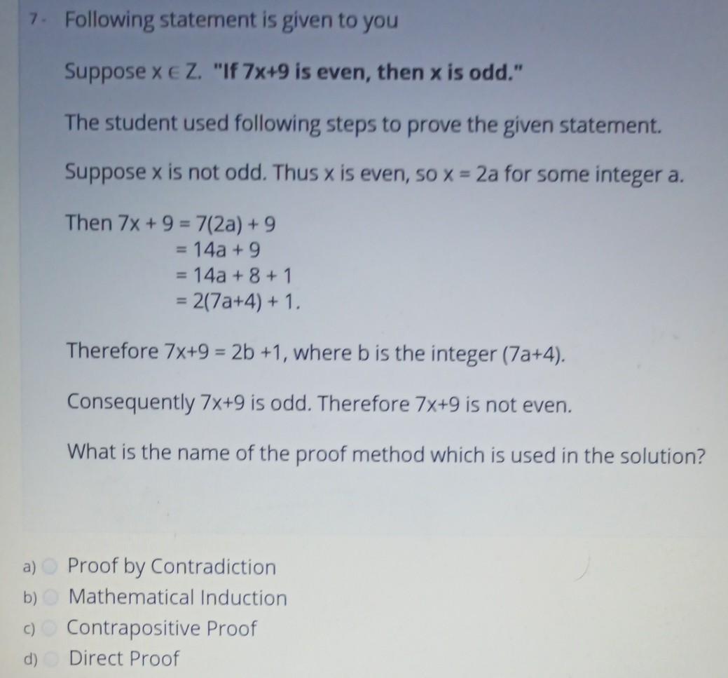 Solved 7. Following statement is given to you Suppose x E Z. | Chegg.com