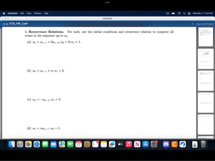 Solved 1. Recurrence Relations. For each, use the initial | Chegg.com