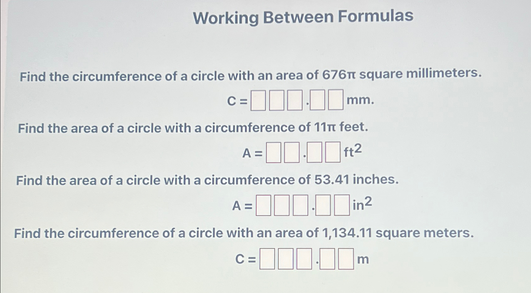 Solved Working Between FormulasFind the circumference of a | Chegg.com