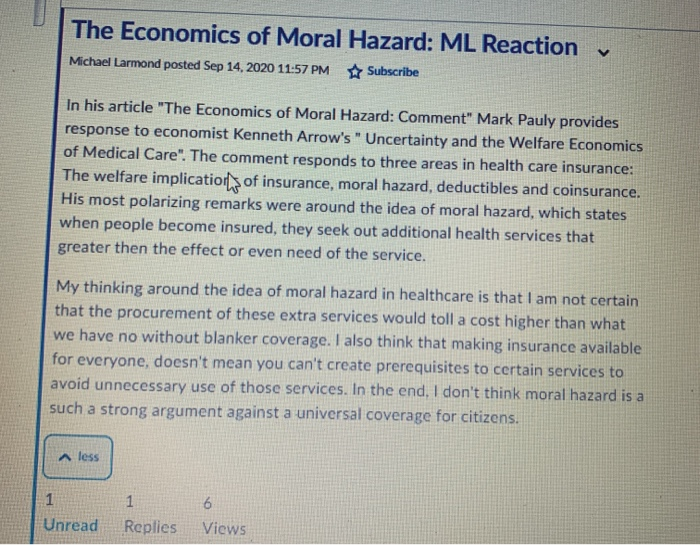 Solved The Economics of Moral Hazard: ML Reaction Michael | Chegg.com