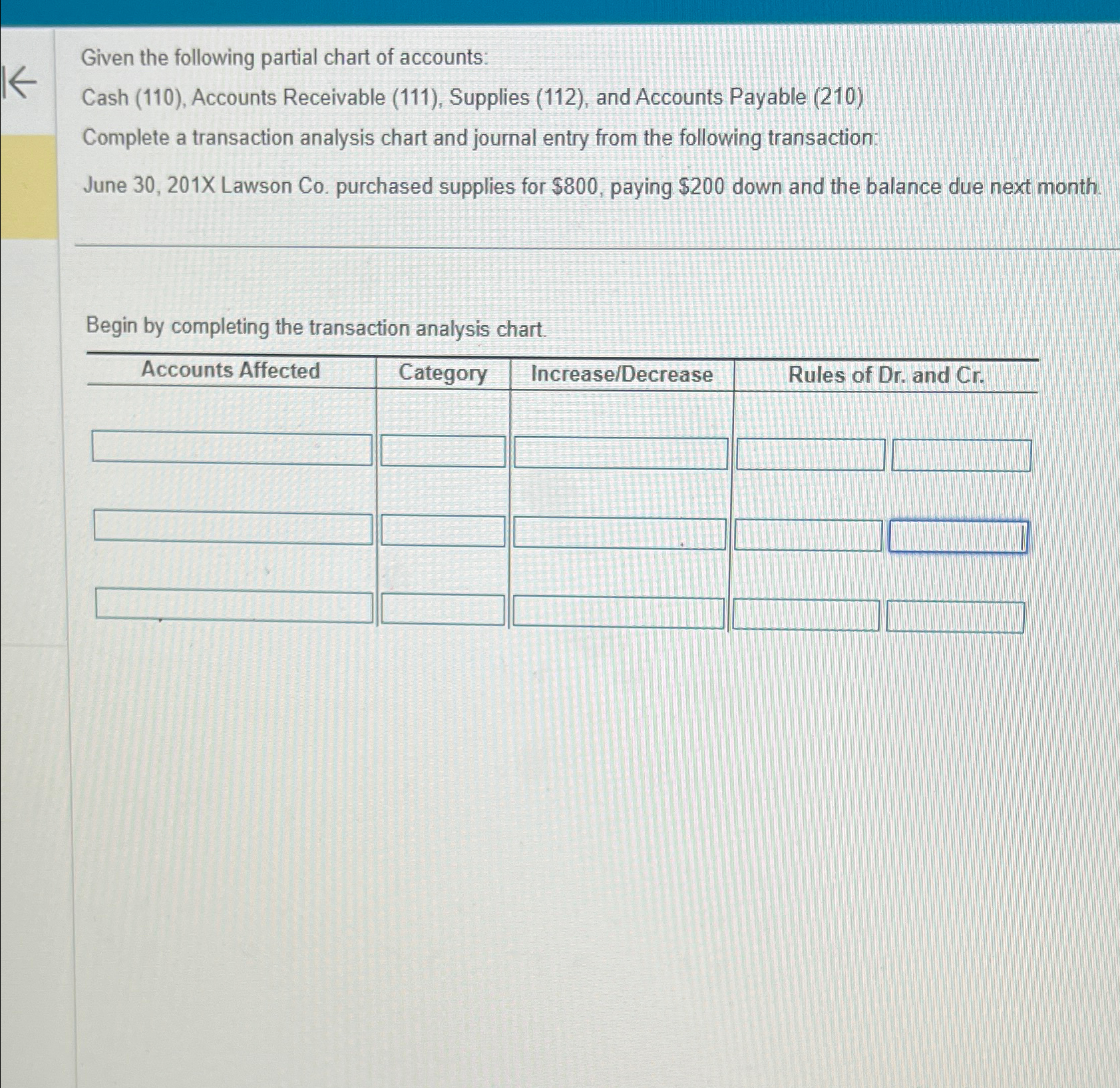 Solved Please complete the transaction analysis chart and | Chegg.com