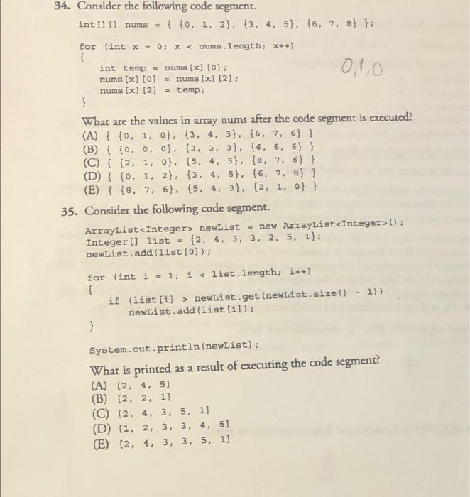 Solved 34. Consider the following code segment. int[] tl | Chegg.com