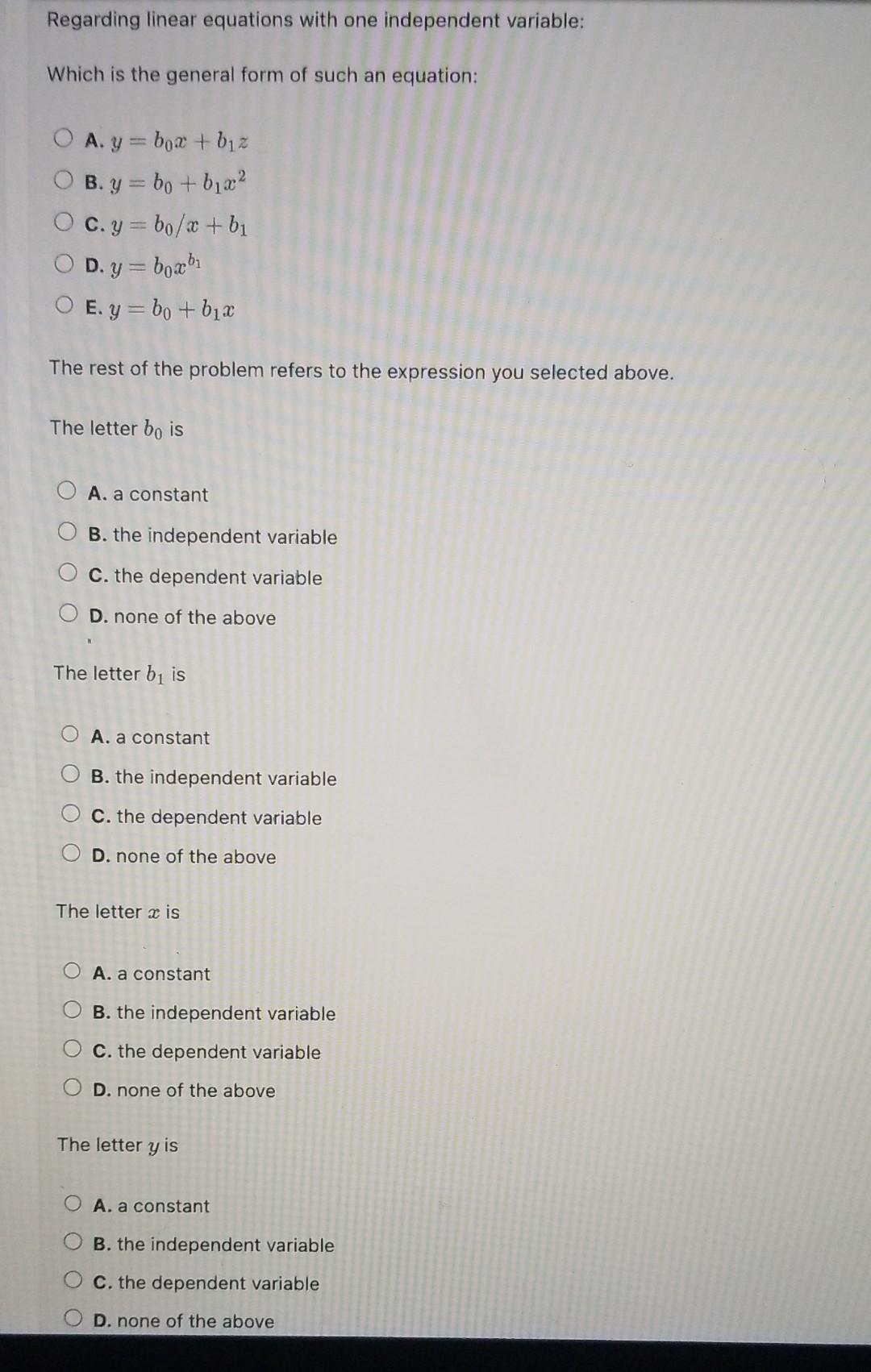 Solved Consider the linear equation y=b0+b1x. a. In the | Chegg.com