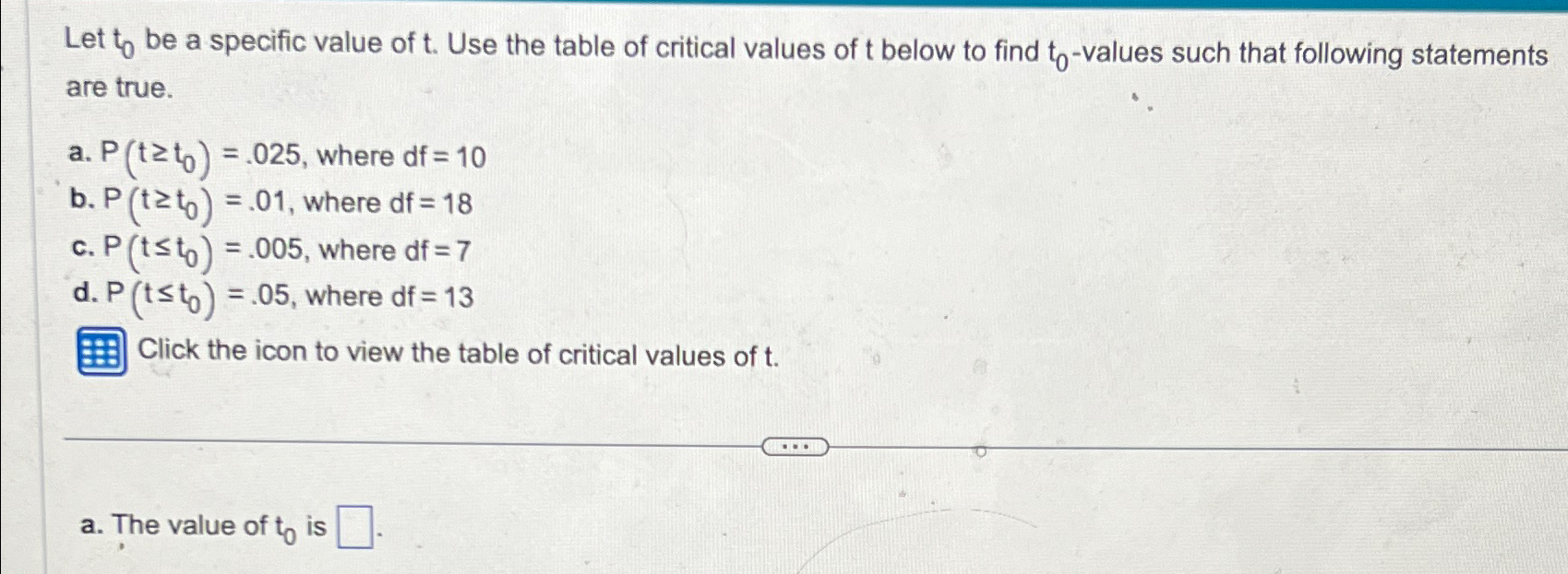 Let t0 ﻿be a specific value of t. ﻿Use the table of | Chegg.com