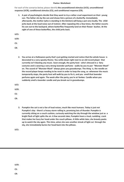 Solved Pavlov: Worksheet For each of the scenarios below, | Chegg.com