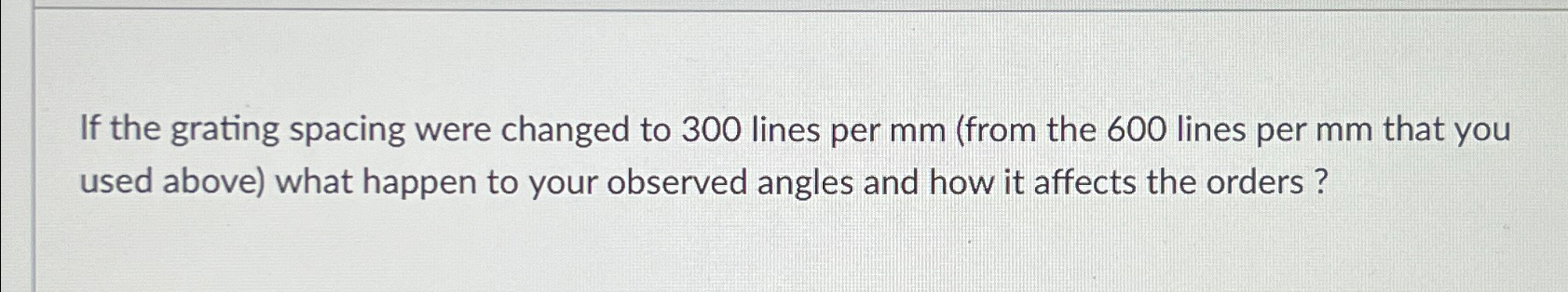 Solved If the grating spacing were changed to 300 ﻿lines per | Chegg.com