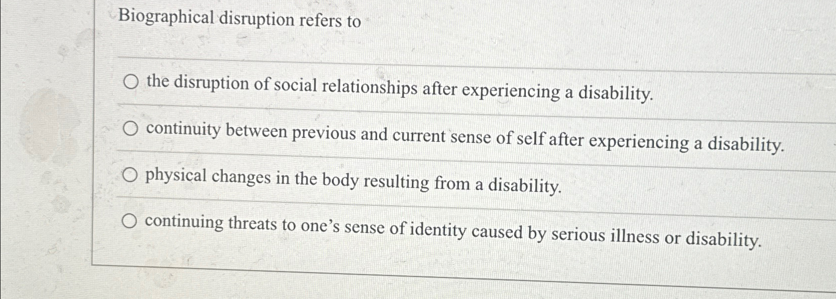 Solved Biographical disruption refers tothe disruption of | Chegg.com