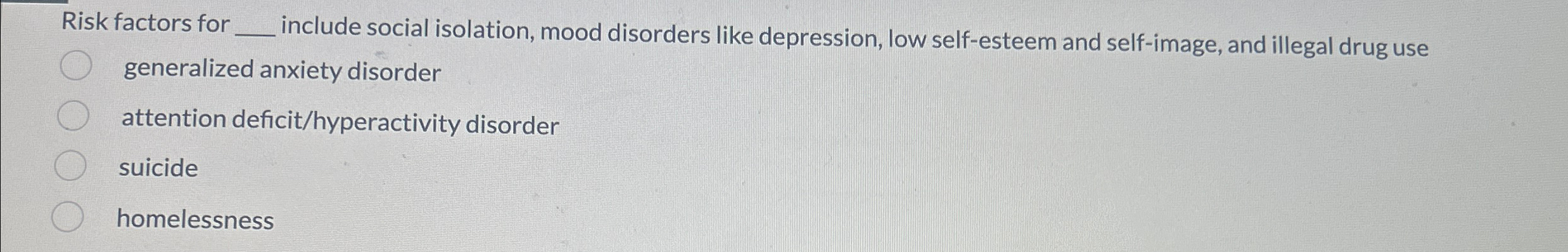 Solved Risk factors for q, ﻿include social isolation, mood | Chegg.com