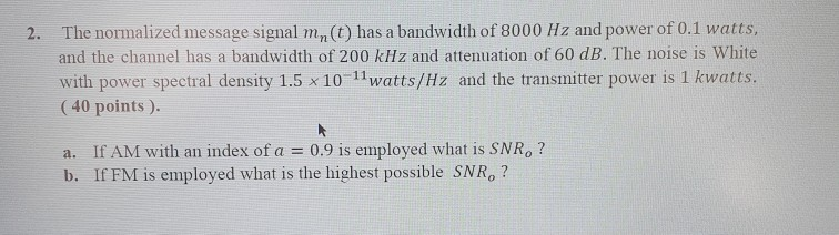 Solved 2. The normalized message signal m(t) has a bandwidth | Chegg.com