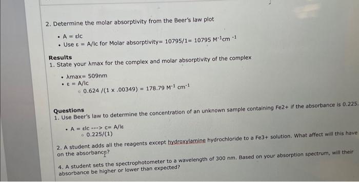 Solved 2. Determine the molar absorptivity from the Beer's | Chegg.com