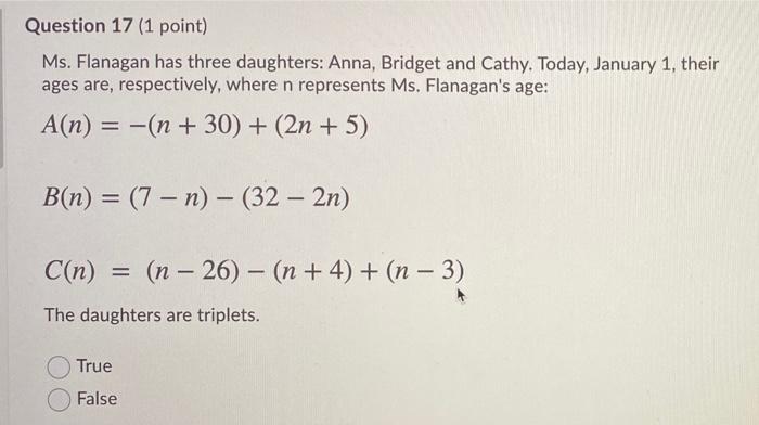 Solved Question 17 (1 point) Ms. Flanagan has three | Chegg.com