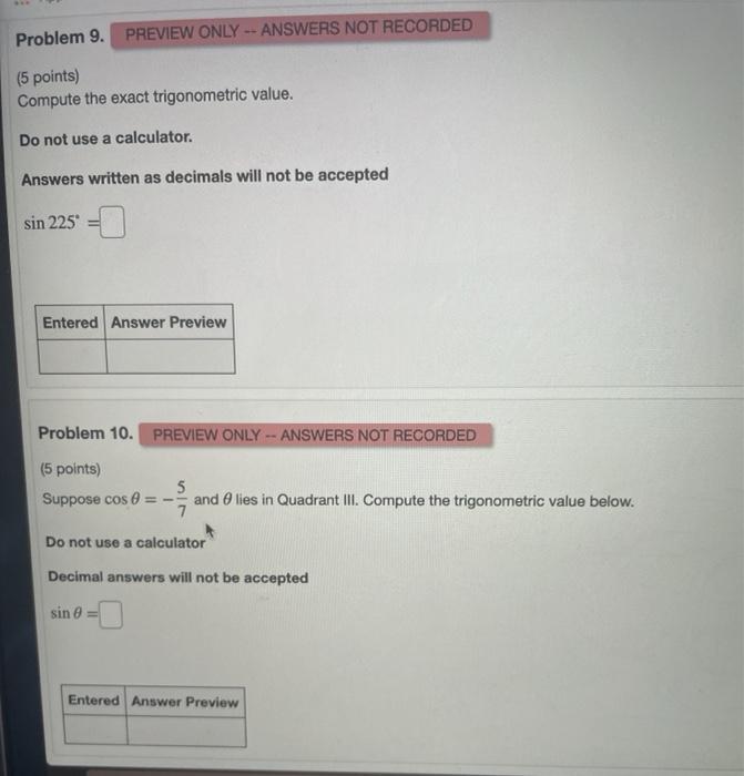 Solved Problem 9. PREVIEW ONLY -- ANSWERS NOT RECORDED (5 | Chegg.com