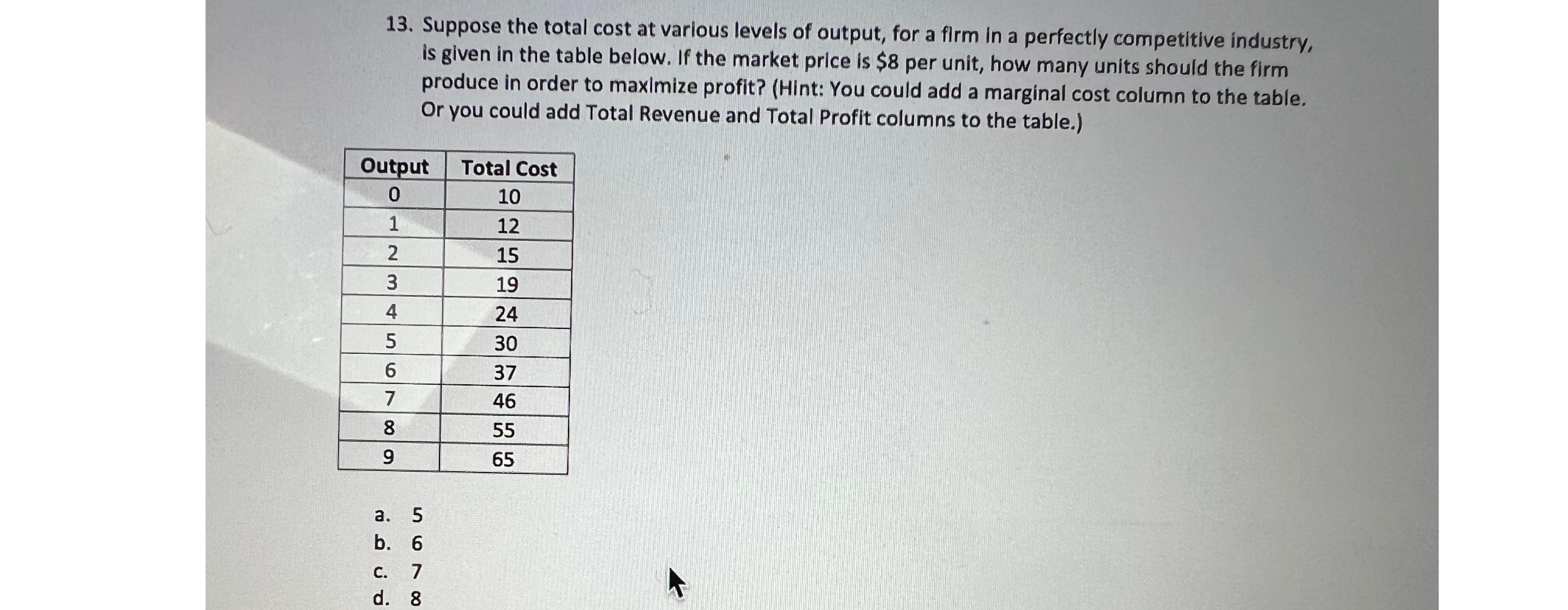Solved Suppose the total cost at various levels of output, | Chegg.com