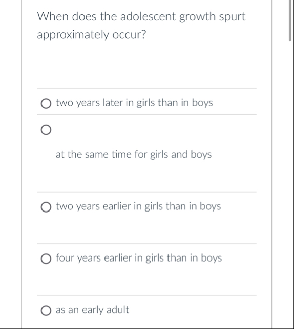 Solved When does the adolescent growth spurt approximately | Chegg.com