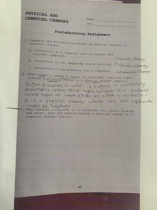 Solved PHYSICAL AND CHEMICAL CHANGES Name Date Prelaboratory | Chegg.com