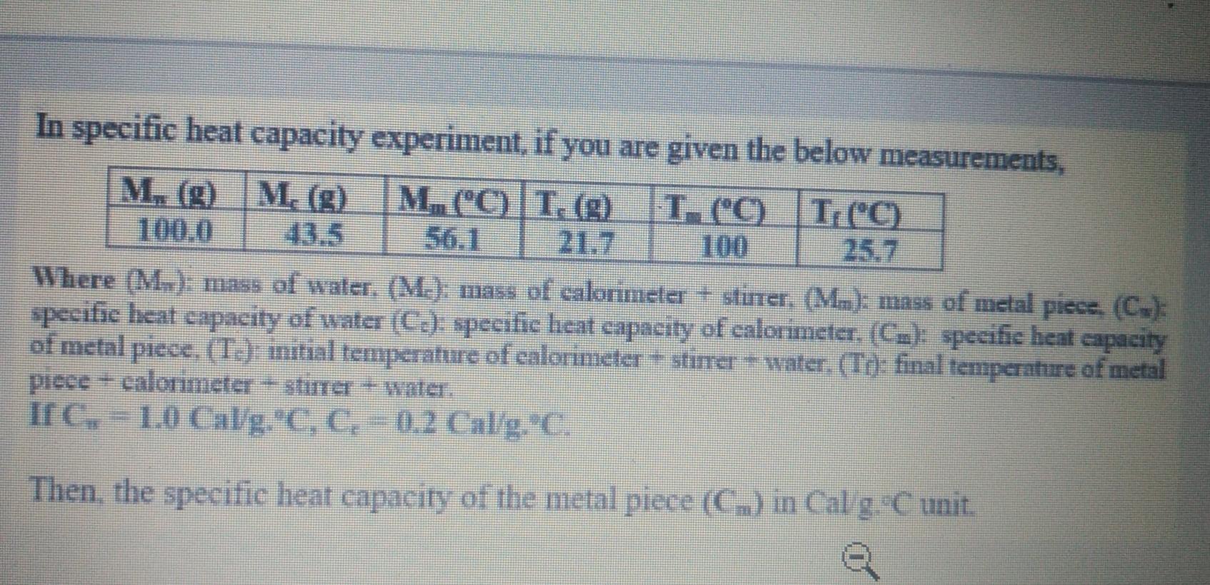Solved In specific heat capacity experiment, if you are | Chegg.com
