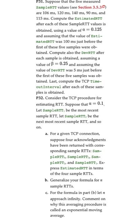 Solved P31. Suppose that the five measured SampleRTT values | Chegg.com