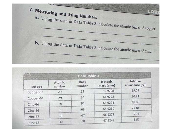 Solved 7. Measuring and Using Numbers a. Using the data in | Chegg.com