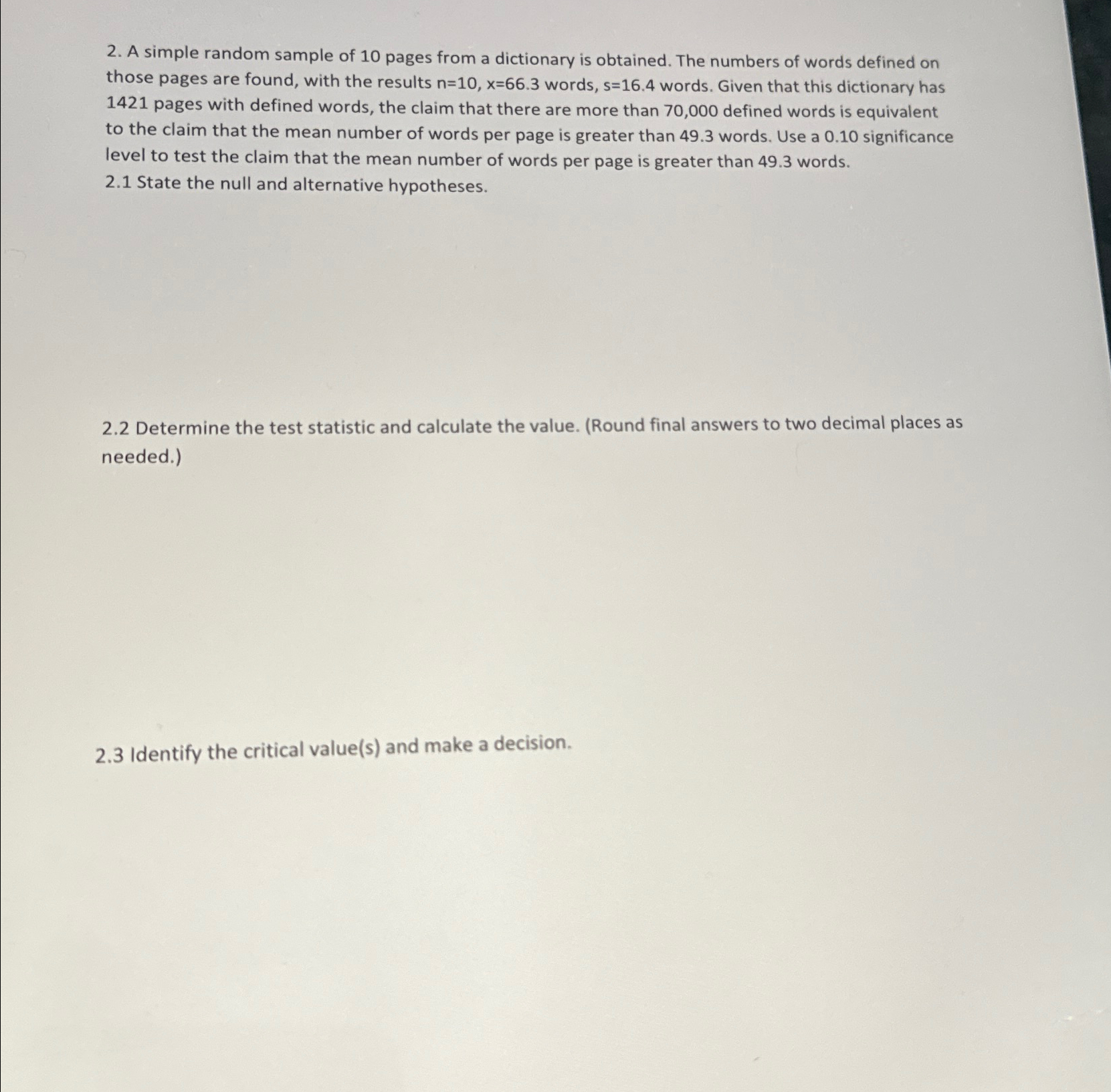 Solved A simple random sample of 10 ﻿pages from a dictionary | Chegg.com