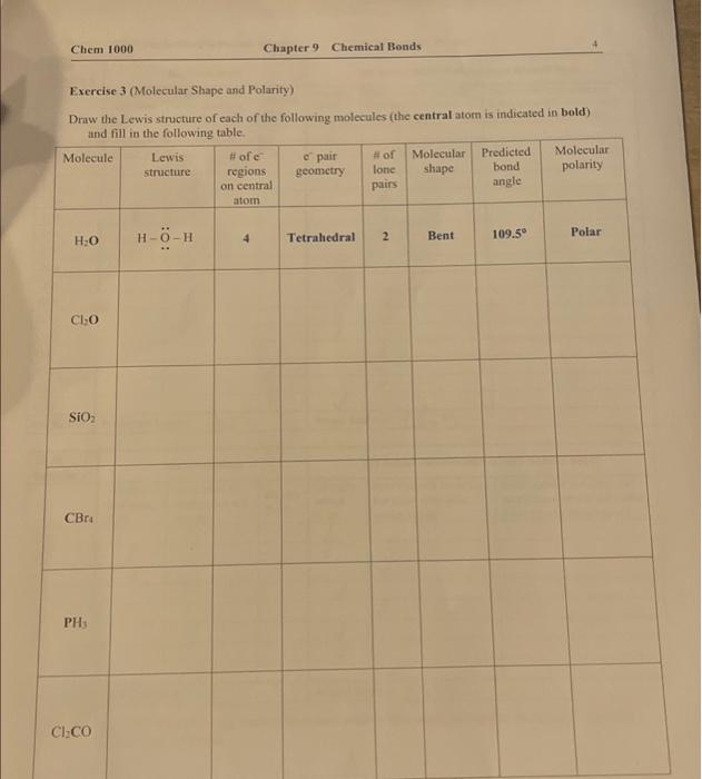 Solved Chem 1000 Exercise 3 (Molecular Shape and Polarity) | Chegg.com
