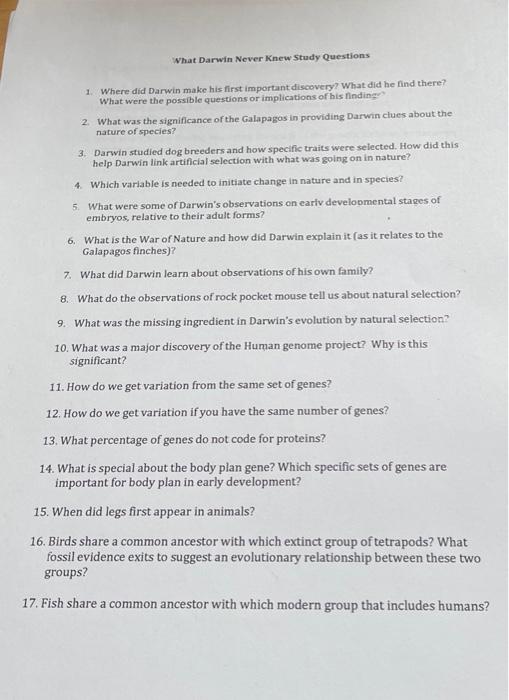 Solved What Darwin Never Knew Study Questions 1. Where did | Chegg.com