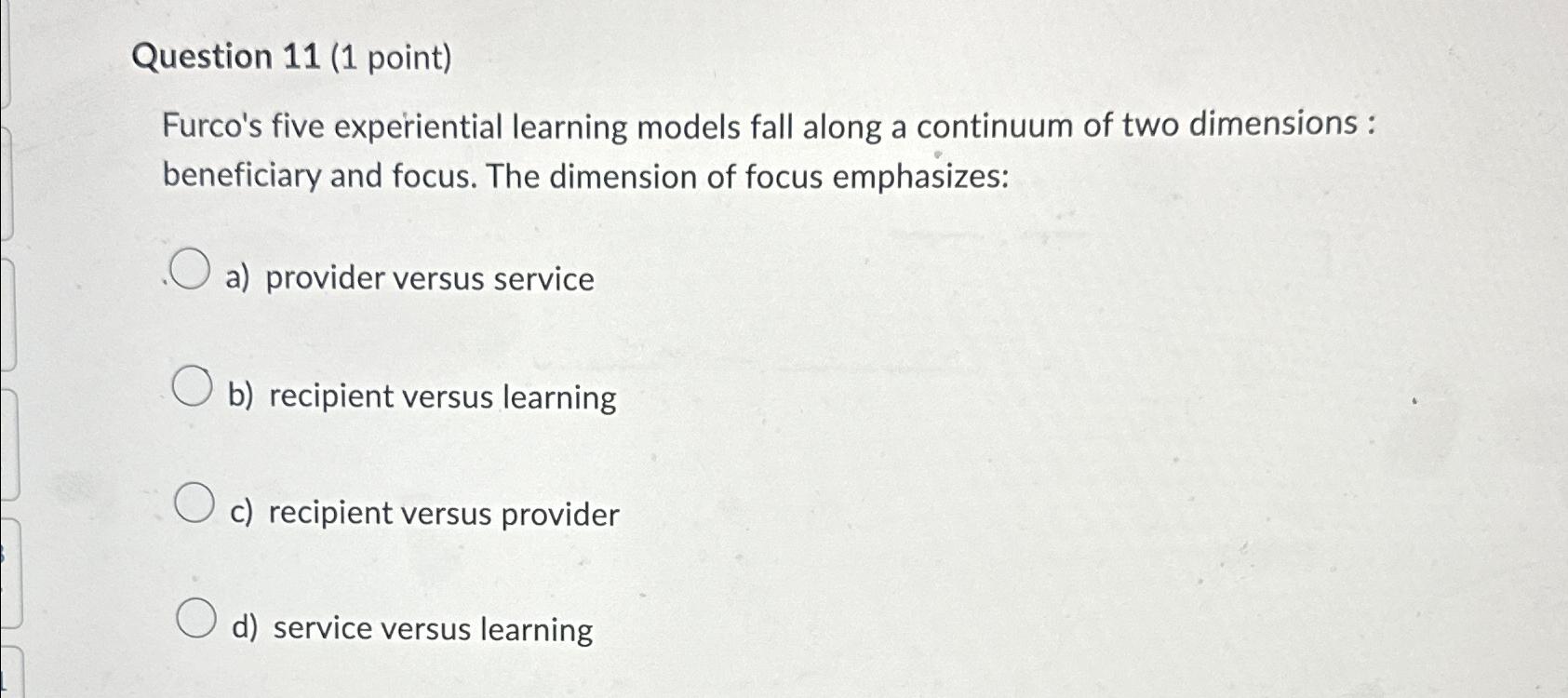 Solved Question 11 (1 ﻿point)Furco's five experiential | Chegg.com