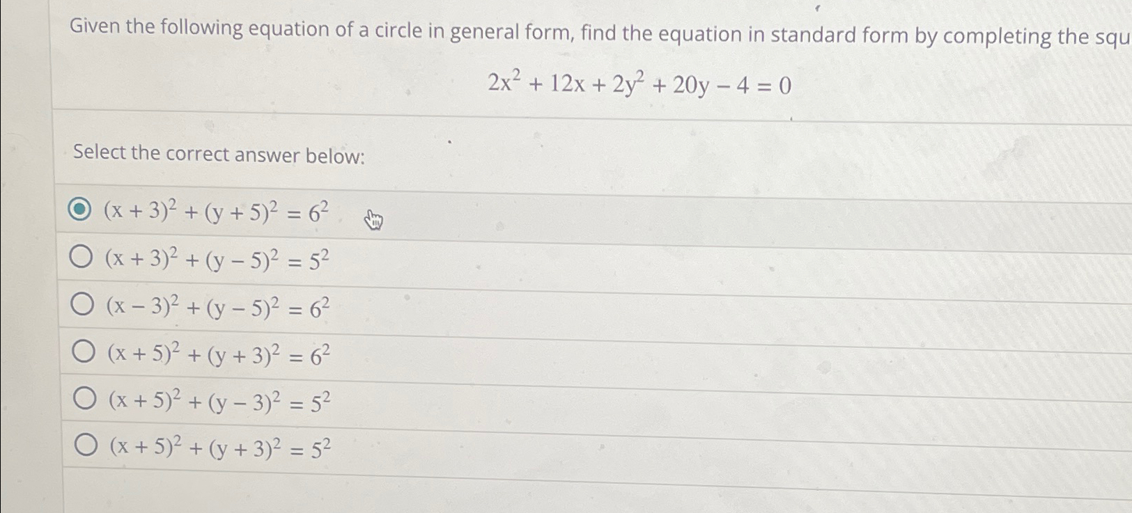 Solved Given the following equation of a circle in general | Chegg.com