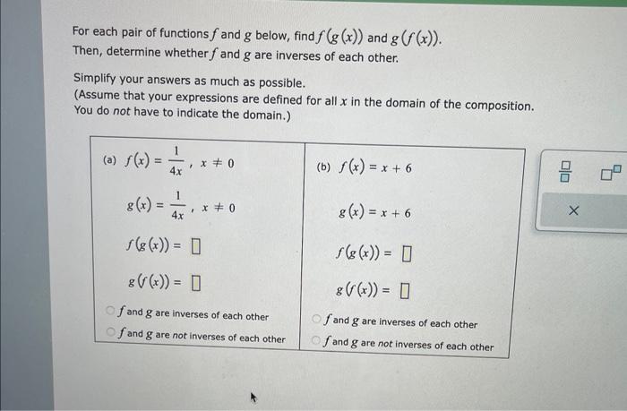Solved For each pair of functions f and g below, find | Chegg.com