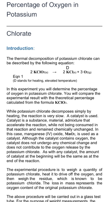 Solved Percentage of Oxygen in Potassium Chlorate | Chegg.com